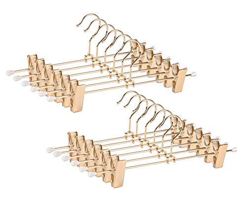 Amber Home 12 Inch Real Rose Gold Metal Pants Skirts Hangers 12 Pack, Sturdy for Slacks Trousers with 2 Adjustable Non Slip Clips and Swivel Hook (12 Pack)