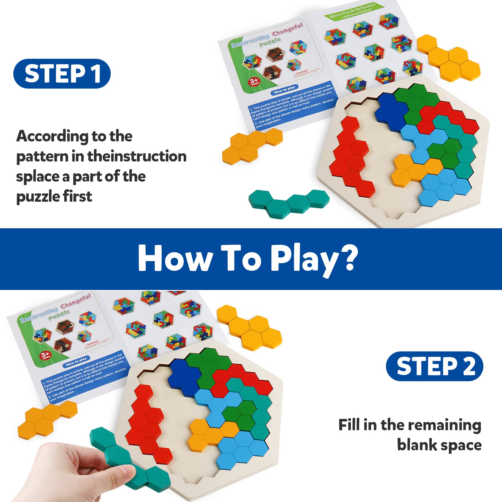 Skrtuan Wooden Blocks Puzzle for Kid Adults Brain Teaser Hexagon Puzzles Games Toy Shape Pattern Block Tangram Geometry Logic IQ STEM Montessori Educational Gift for All Ages Boys Girls Challenge