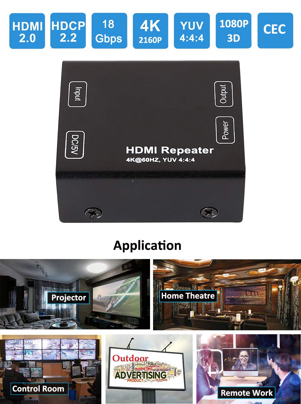 DTECH 4K2K HDMI 2.0 Signal Amplifier Booster Repeater 4K 60Hz YUV 444 18Gbps HDCP 2.2 CEC 3D 1080P Extender Boost up to 164 Feet Compatible with PS4 VR TV Box Blu-ray Player HDTV Monitor Projector