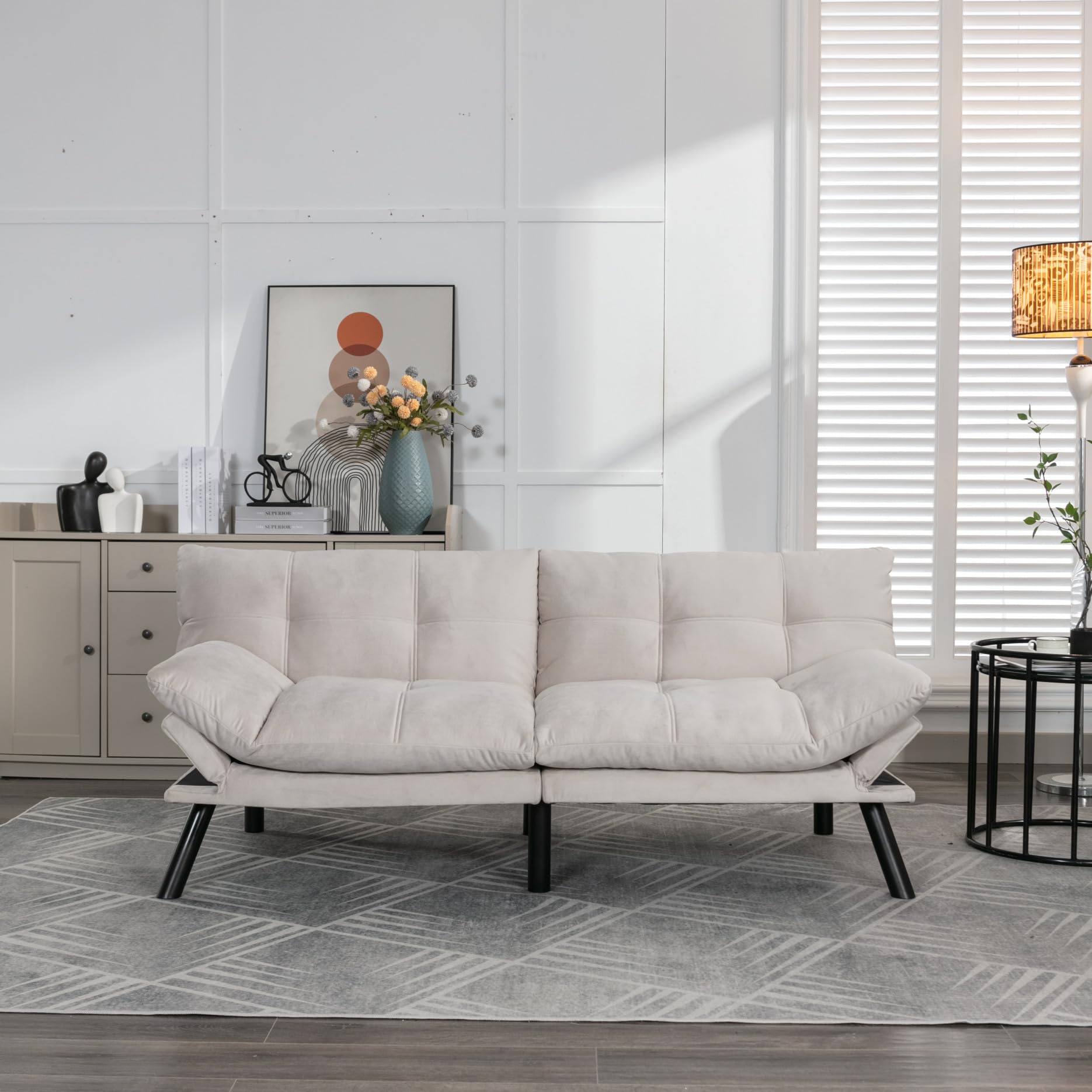 70.87" Velvet Futon Sofa Bed, Modern Convertible Sleeper Sofa Couch with Adjustable Backrest and Armrests, Tufted Loveseat Sofa with Metal Legs for Living Room, Bedroom, Apartment, Cream