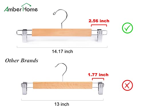 Amber Home 14.17" Solid Natural Wooden Pant Skirt Hangers 10 Pack, Bottom Hangers for Slacks Trousers Jeans with 2-Adjustable Anti-Rust Clips (Natural, 10 Pack)