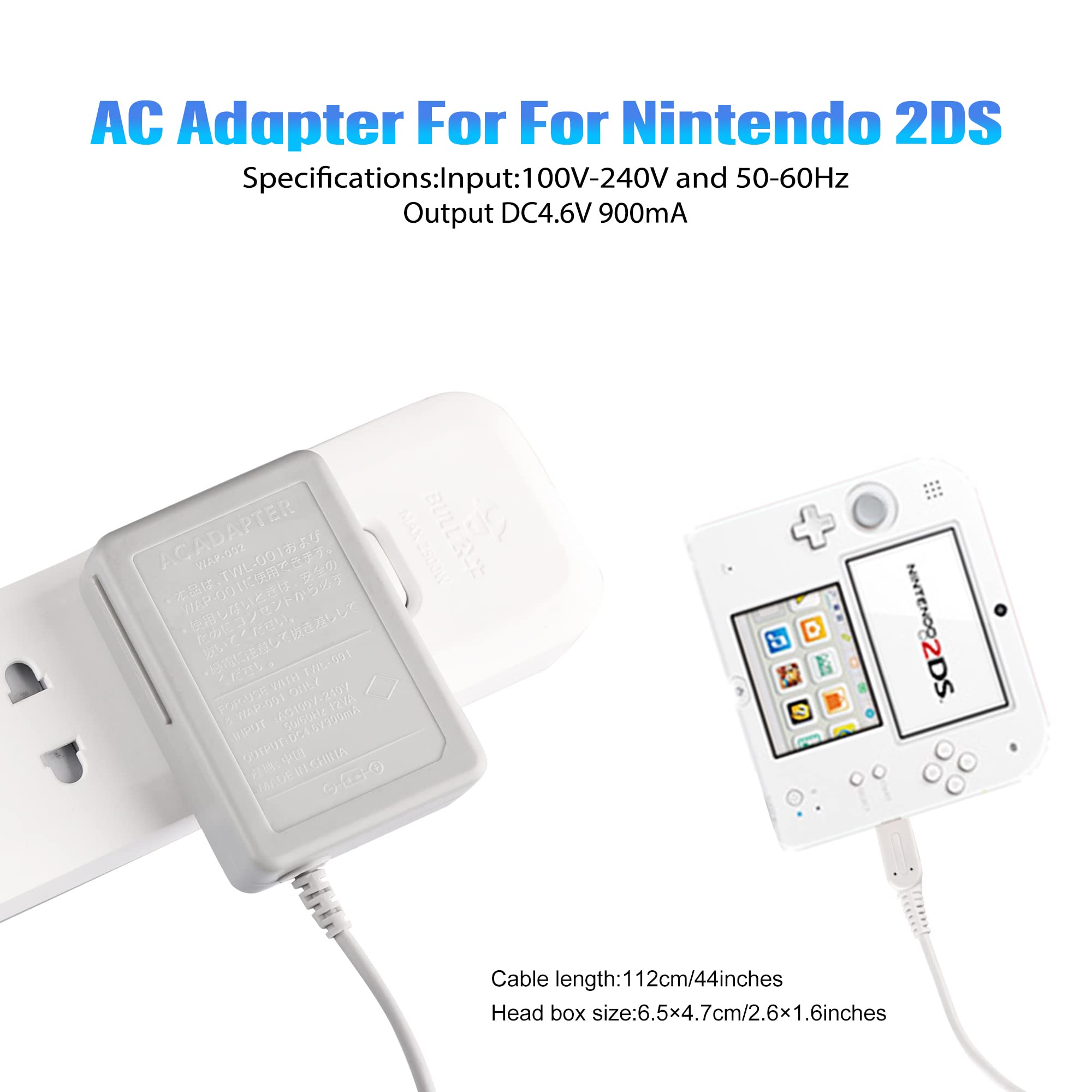 2DS Charger, AC Adapter Charger for Nintendo 2DS/2DS XL/New 2DS/New 2DS XL, Home Travel Charger Wall Plug Power Adapter (100-240 v)