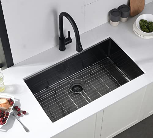 33 Black Undermount Kitchen Sink, 33x19x10 Inch 16 Gauge Black Stainless Steel Single Bowl Workstation Kitchen Sinks With Accessories BL34