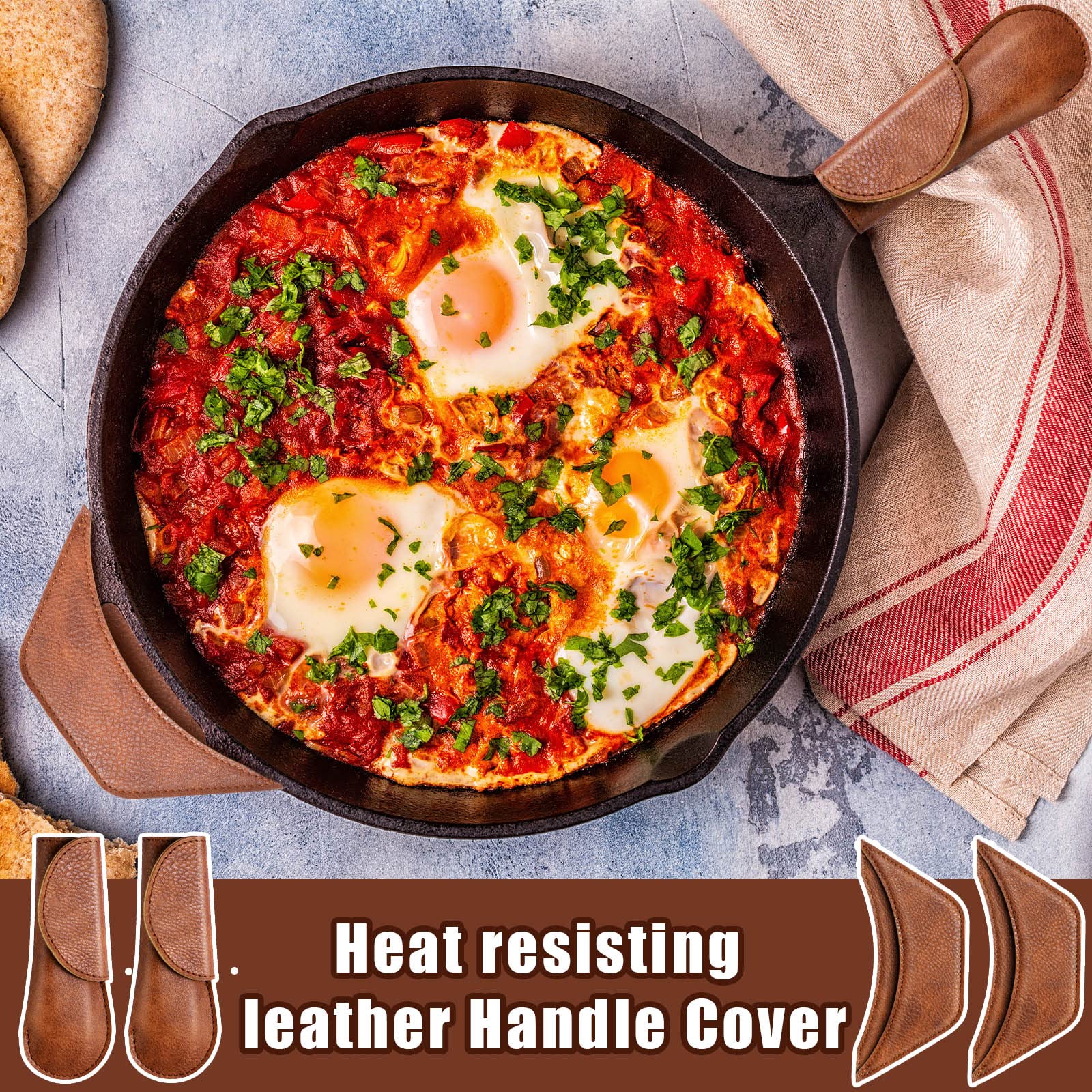 6 Pieces Cast Iron Handle Cover Handmade Thick Skillet Handle Cover Full Grain Frying Pan Handle Sleeve Rustic PU Leather Hot Handle Holder Double Layered Leather Handle Cover Assist Grip for Kitchen