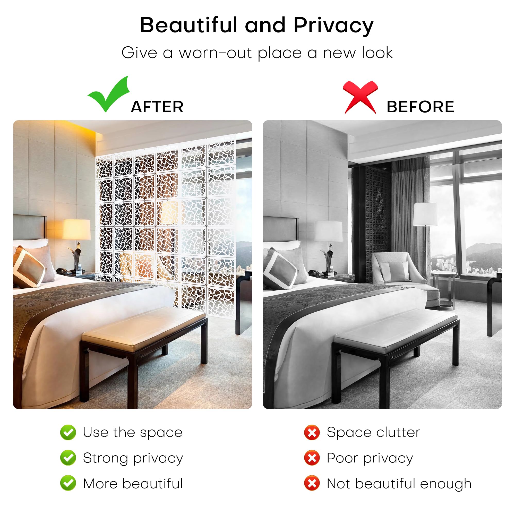 Lucky Monet 12Pcs Hanging Room Divider Panels Decorative Room Separator White Wall Partition Privacy Screen Indoor for Bedroom Dining Hotel Restaurant - White Flower