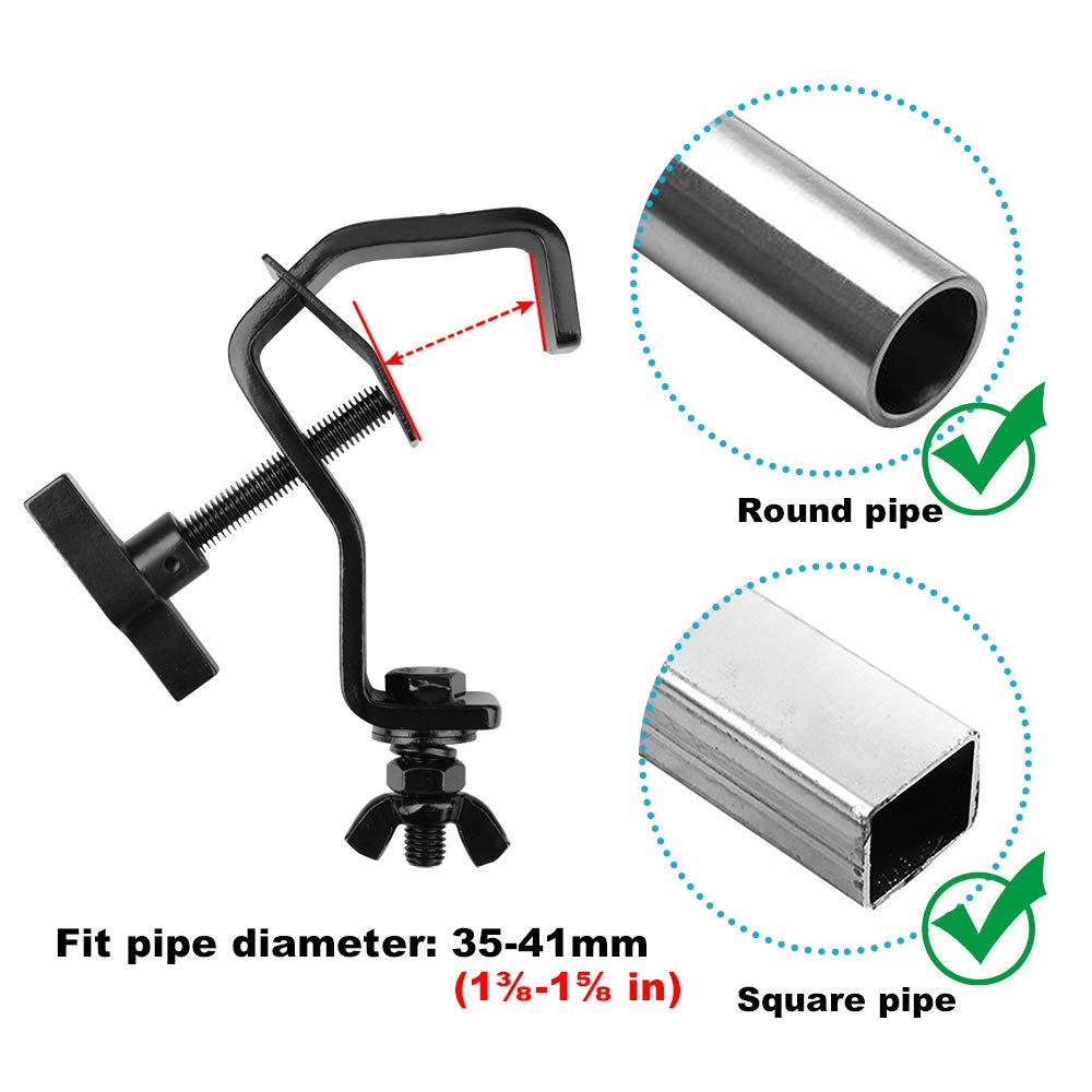 4 Pack Black Stage Light Clamps Iron Lighting Truss Hook Heavy Duty C Clamps with Fixed Plate for DJ Par Light Spot Lights, Fit 1⅜-1⅝ inches (F24) Square and Round Pipe, Load 80 lb, TUV Certification