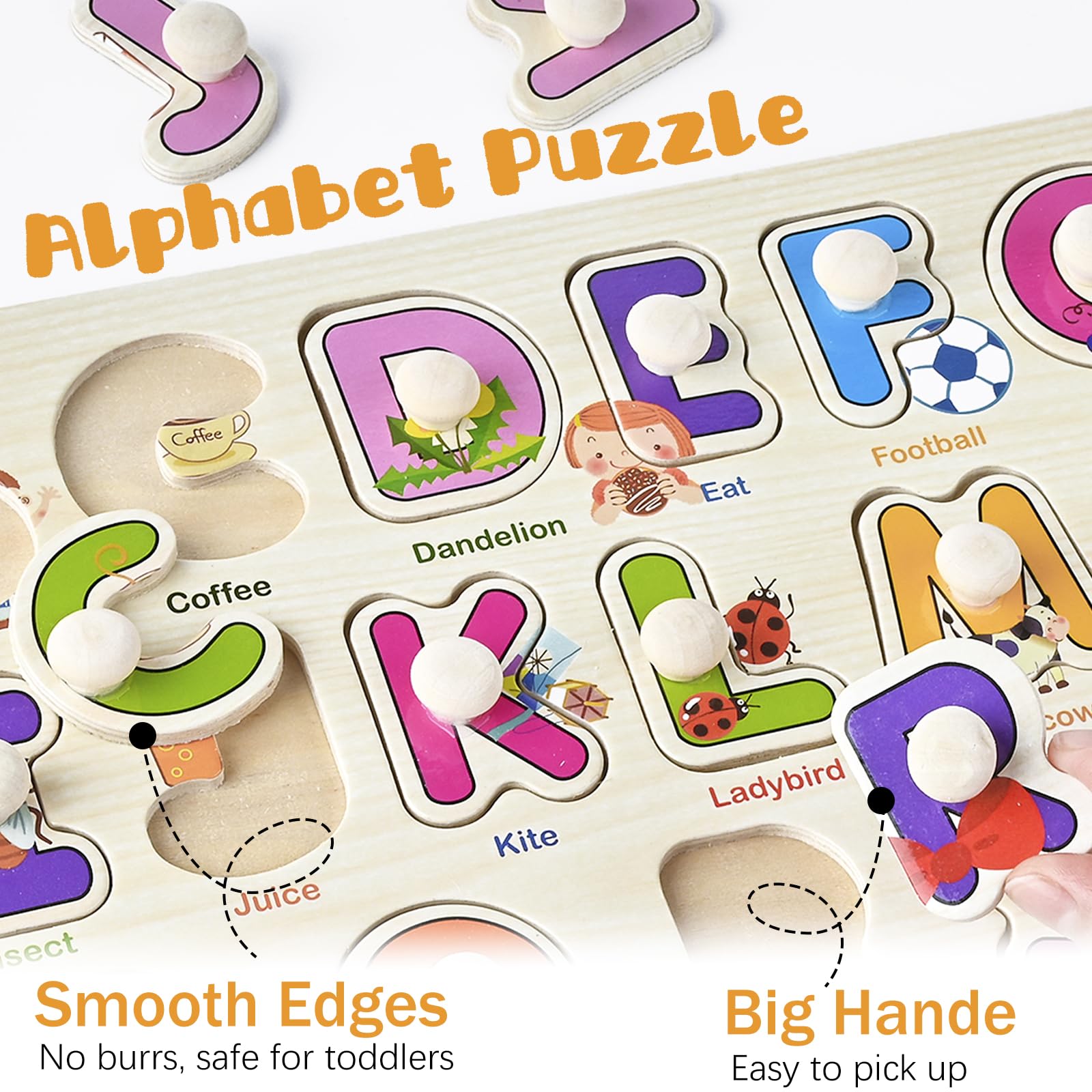 3 Pack Wooden Peg Puzzles for Toddlers 1-5, Alphabet Number Shape Blocks Preschool Educational Pegged Board for Kids 1 2 3 4 5 Years Old Gifts