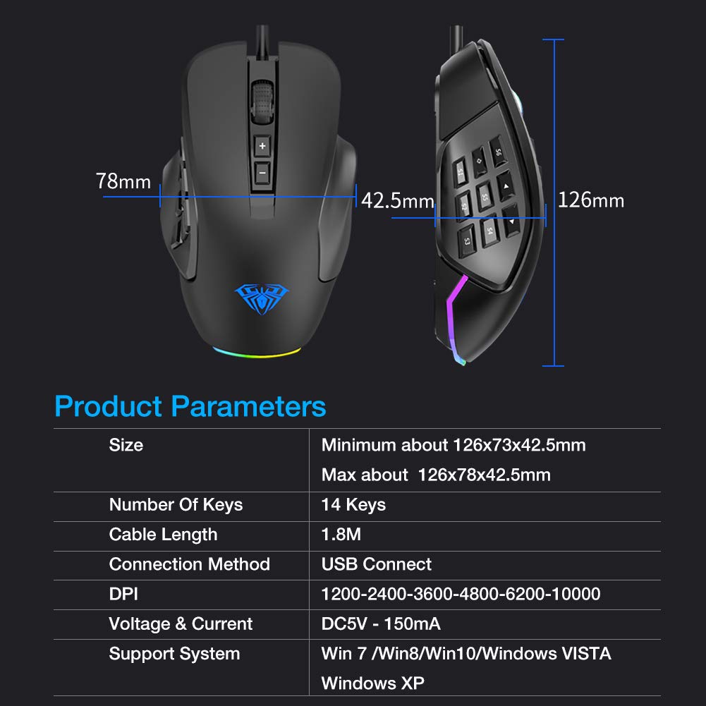 AULA H510 MMO Gaming Mouse, with Backlit RGB LED, 14 Buttons Programmable, 10,000 DPI, Ergonomic Optical Sensor USB Wired Computer Mice for FPS/MOBA Games, Black