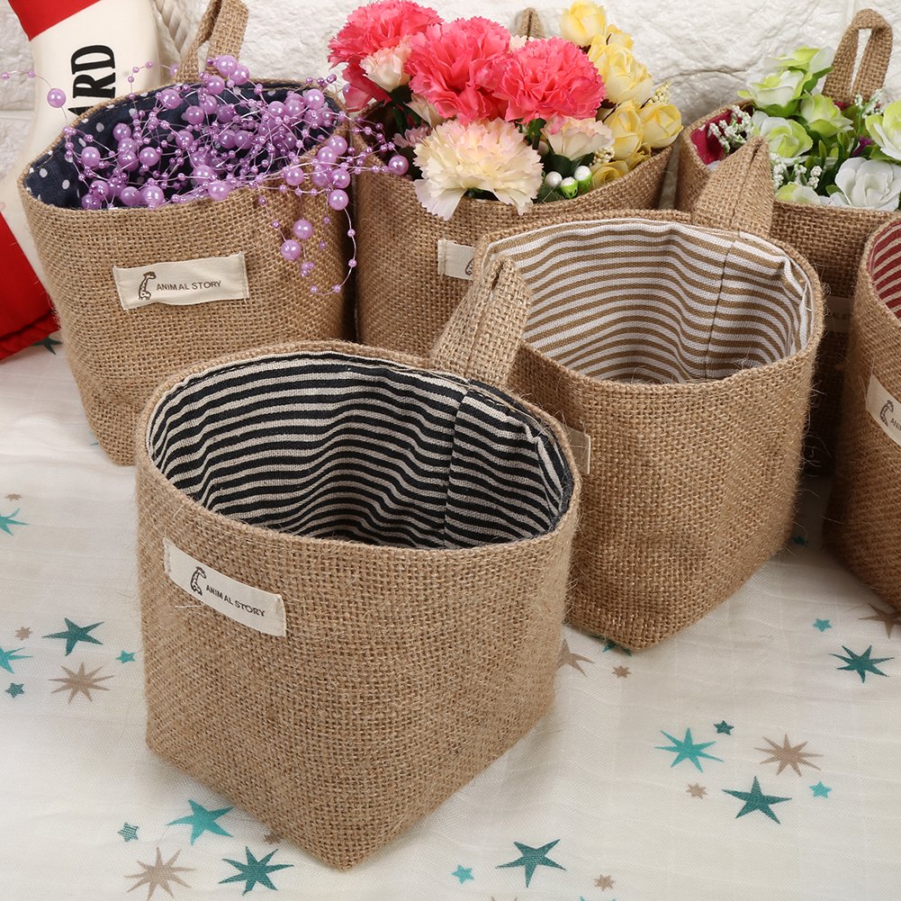 Cotton Linen Hamper Hanging Clothes Bag Home Gadget Storage Organizer Foldable Basket Bin (Blue Stripe)