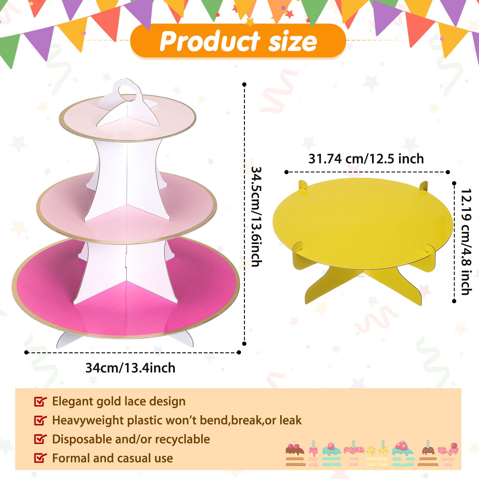6 Pieces Colorful Cupcake Stand Set 3 Tier Cardboard Dessert Tower 1Tier Cupcake Display Stand Serving Cupcake Holder for Birthday Baby Shower All Themed Party Events Cake Display, Pink, Blue, Yellow