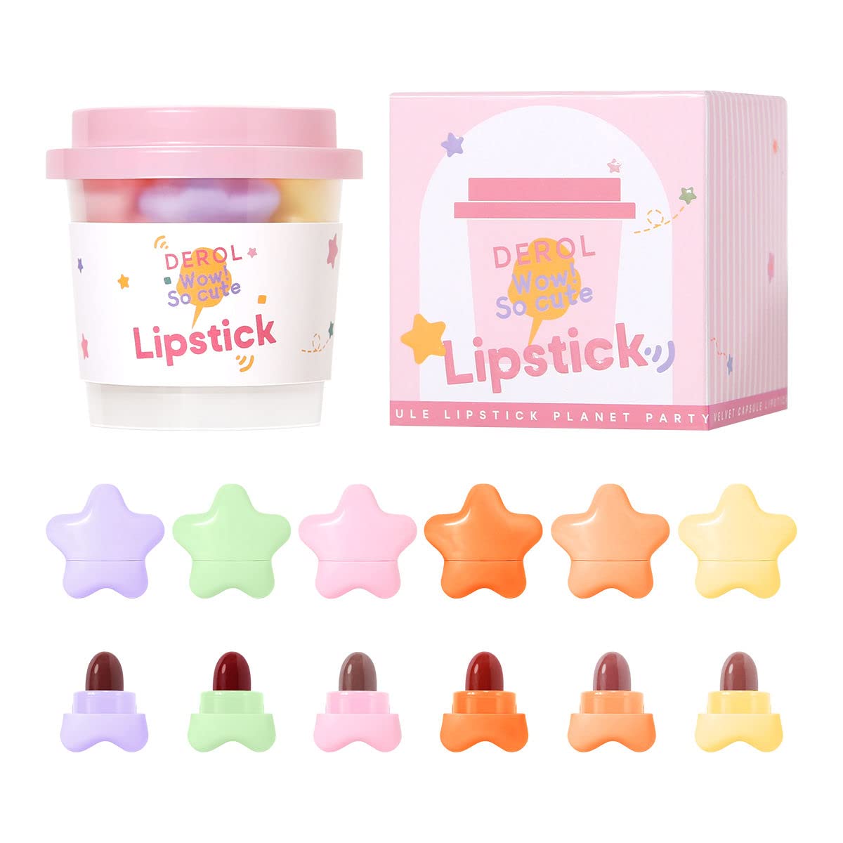 6-Color Mini Matte Color Star Capsule Lipstick set. Mini Long Lasting Non Stick Cups .Velvet Portable Star Candy Colour Capsule Lipstick Set. Suitable For All Kinds Of Occasions, PINK