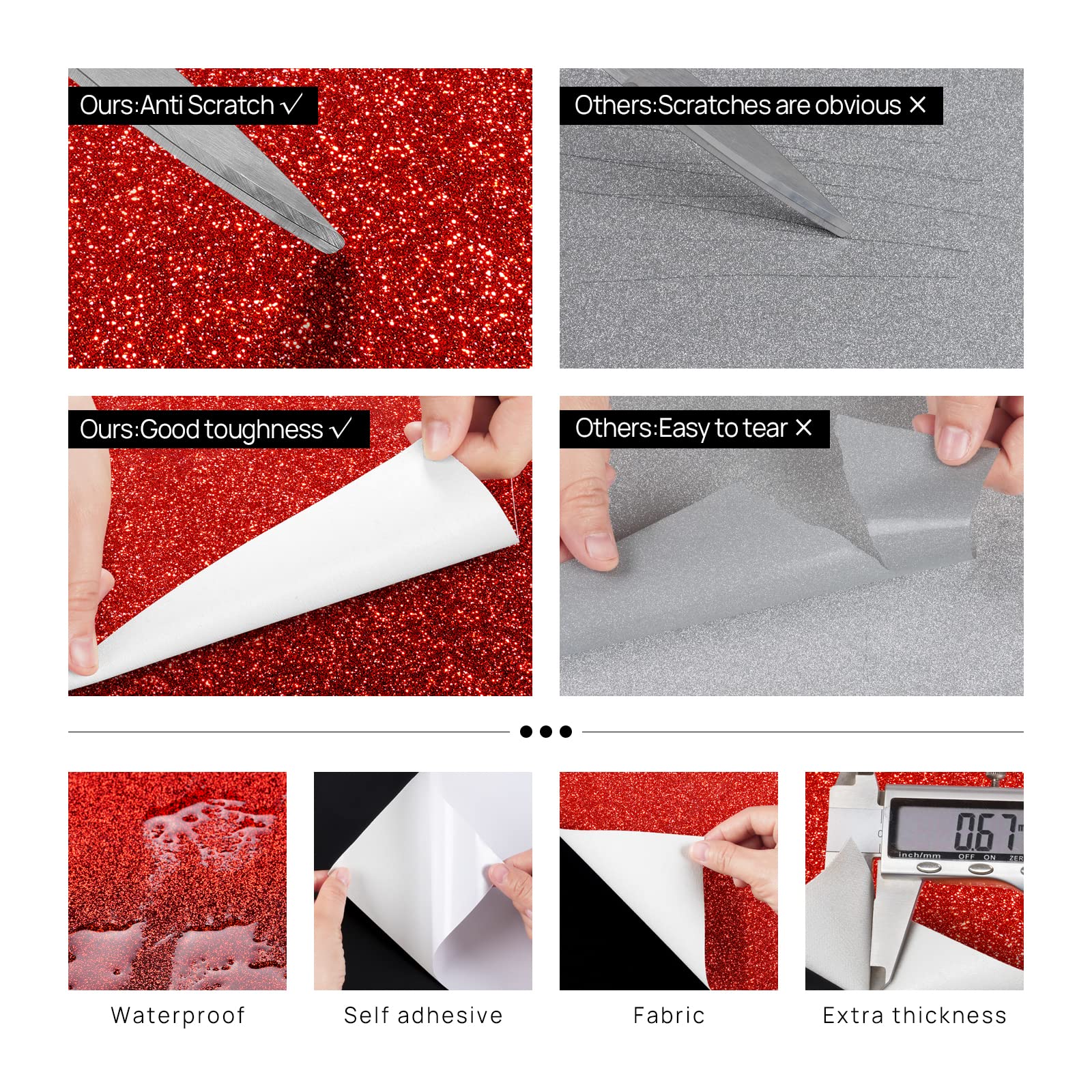 FunStick Ruby Red Glitter Wallpaper Sparkle Glitter Peel and Stick Wallpaper Red Glitter Contact Paper Self Adhesive Removable Glitter Fabric Wallpaper for Bedroom Cabinets Dresser Decor 15.8"x78.8"