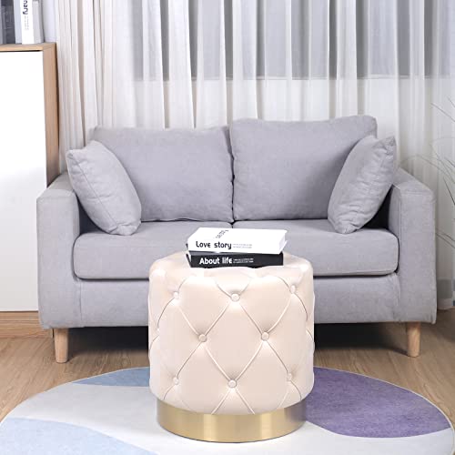 Modern Velvet Round Tufted Ottoman Button Stool with Gold Metal Base β Upholstered Footrest for Bedroom Living Room (Beige4, Large)