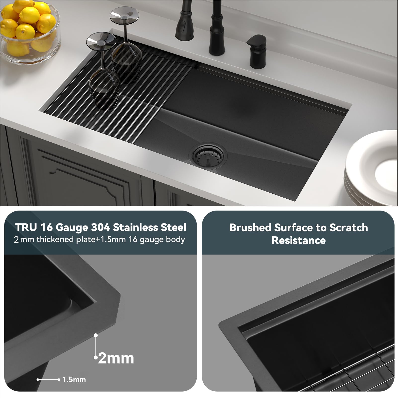 33 Kitchen Sink Black Stainless - Lordear 33 Inch Undermount Sink Ledge Workstation Gunmetal Black Stainless Steel 16 Gauge Single Bowl Under Counter Kitchen Sink Basin with Accessories