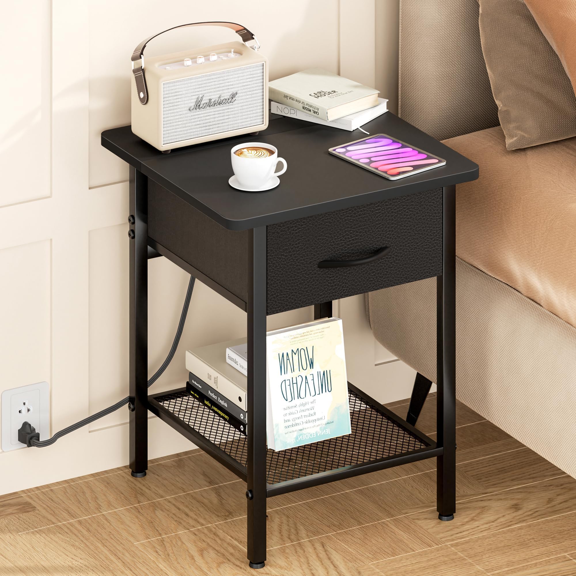 GYIIYUO Nightstands Set of 2 with Charging Station and Fabric Storage Drawer,16.5" x 15.8" Side Table with Storage for Bedroom, Bedside Tables with Steel Fram, Black