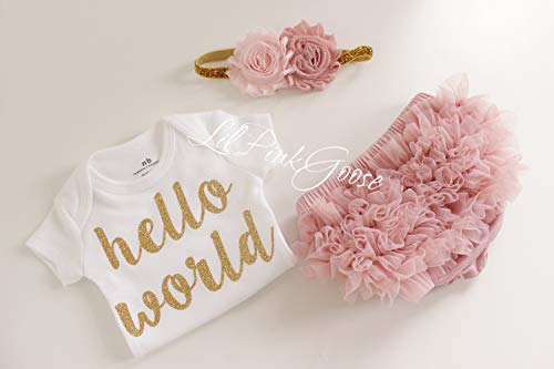 LilPinkGoose 3pcs Dusty Rose Newborn Baby Girl Coming Home Outfit Hello World Bodysuits (Newborn, Dusty Rose+Short Sleeve)
