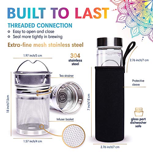 OSANA Crystal Water Bottle with 3 Changeable Healing Crystals β Amethyst, Rose Quartz, Green Fluorite β Loose Leaf Tea Bottle β Gem Elixir Infused Glass Water Bottle - 16.9 oz