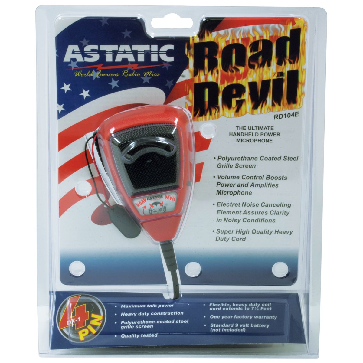 Astatic (302-10036 RD104E Road Devil Amplified 4-Pin CB Microphone, Black