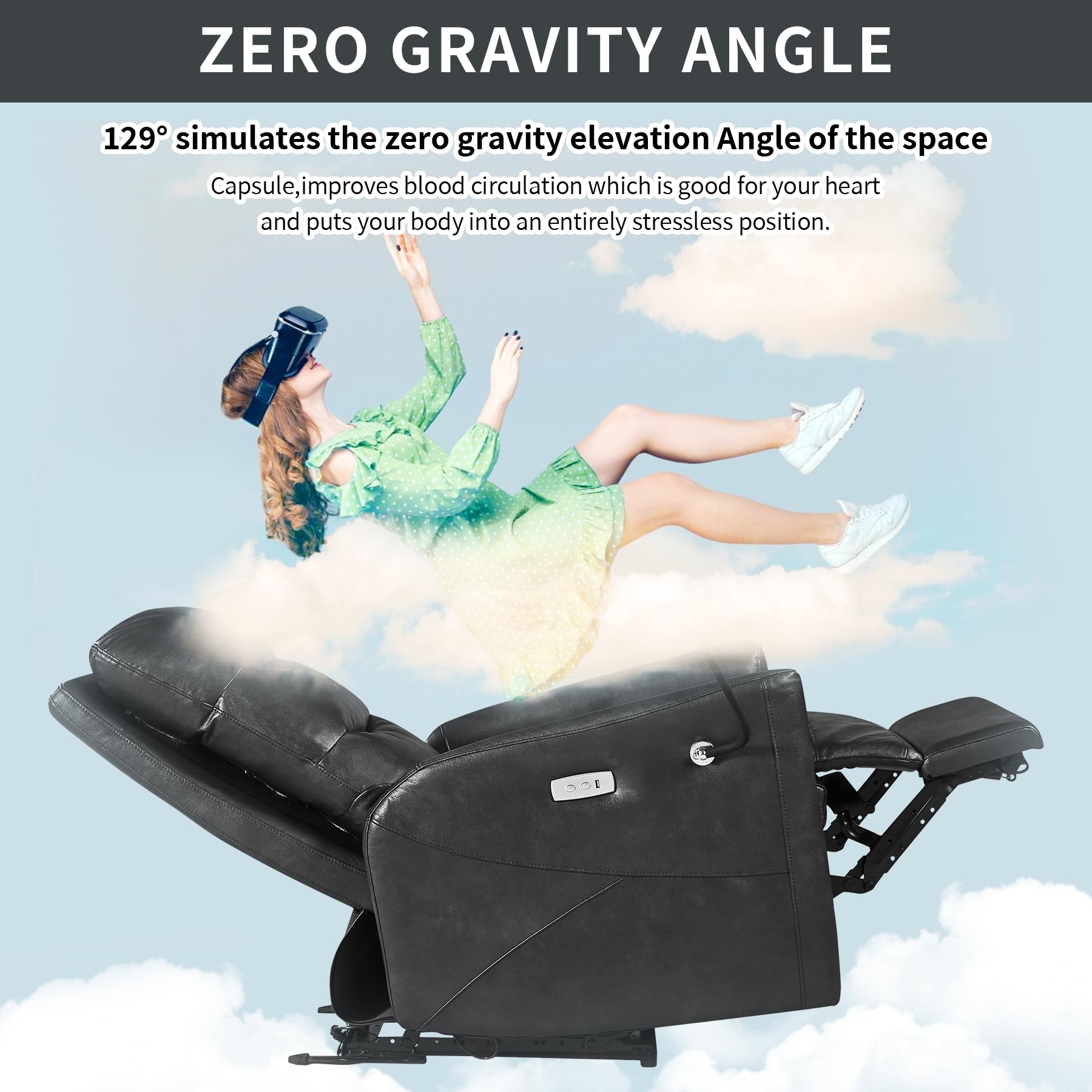 Plococo Zero Gravity Recliner Chair ZGRC001 - Power & Electric Living Room Chair with USB Port, Phone Holder, Breathable Leather - Compact & Small,Gray