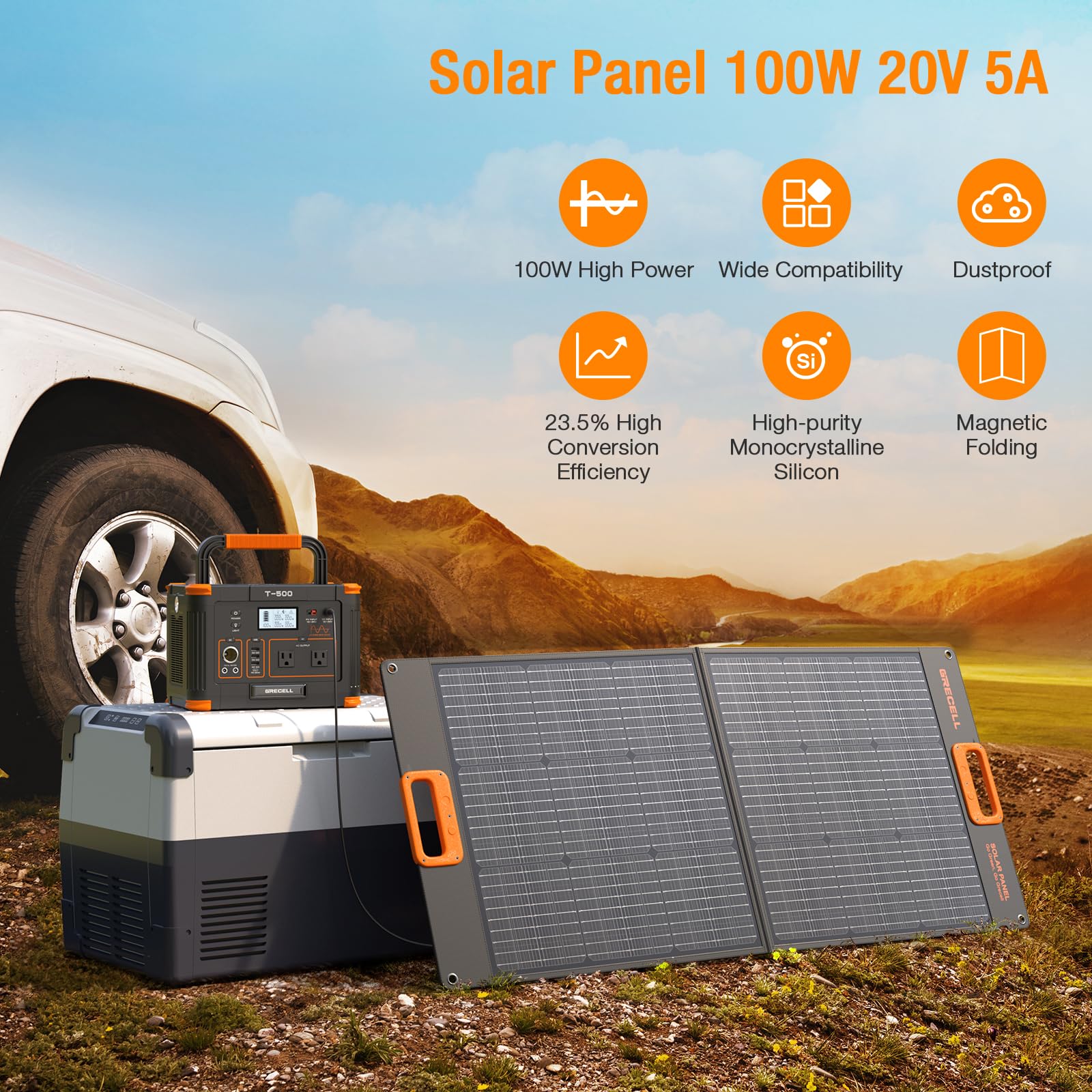 519Wh Outdoor Solar Generator with 100W Portable Solar Panel 20V, Portable Power Station 500W(Peak 1000W) Backup Battery Pack Solar Kit for RV/Van Camping Fishing Climbing Road Trip Home Emergency