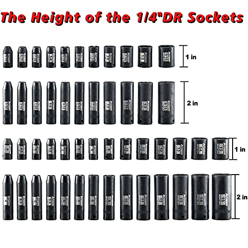 AOBEN 1/4-Inch Drive Impact Socket Set, 54 Pieces, 6 Point, SAE/Metric, (5/32" - 9/16" ,4mm -15mm),Deep/Shallow, Cr-V Steel, Includes Extension bars and Socket Adapter