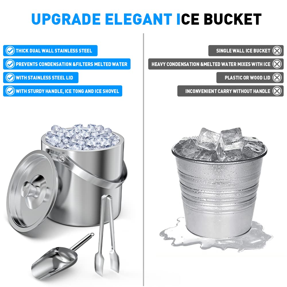 3L Double Wall Stainless Steel Ice Bucket with Lid,Scoop,Tongs, Insulated Ice Bucket for Cocktail Bar and Parties