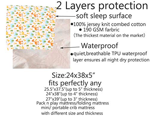 Waterproof Pack N Play/Mini Portable Crib Sheet Set 2 Pack 100% Jersey Cotton 190GSM Thickest Ultra Soft Stretchy for Baby Girl Boy Cute Animal by Knlpruhk