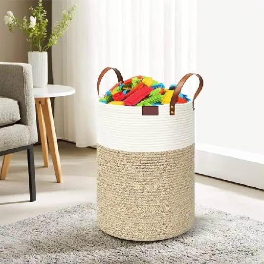Woven Rope Laundry Basket with Leather Handles - Versatile Woven Rope Storage Basket for Blanket, Toy In Living Room, Bathroom, Bedroom - 58L White & Brown