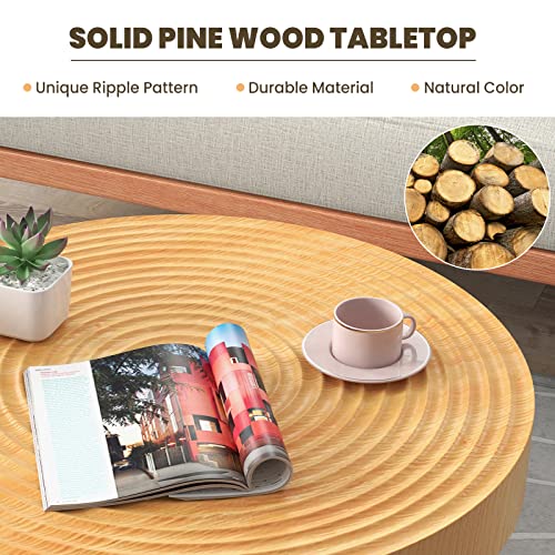 GOFLAME Round Coffee Table Set of 2, Farmhouse Boho End Tables with Natural Finish & Wood Ring Motif, Solid Wood Nesting Side Tables with Metal Legs & Adjustable Foot Pads for Living Room, Bedroom