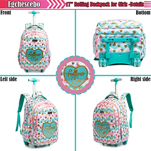 Egchescebo Girls Rolling Backpacks with Wheels 3PCS Heart Backpack Set for School Wheeled Luggage Suitcase Lunch Box Pencil Case Large Capacity Bookbag Adjustable Trolley for Elementary Travel Pink