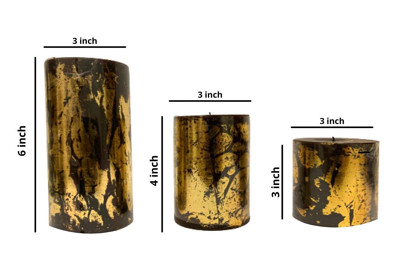 AuraDecor Set of 3 Black Pillar Candles with Gold Finish ( Gift Set , Pack of 3 Candles, 3, 4, 6 inch ), Large