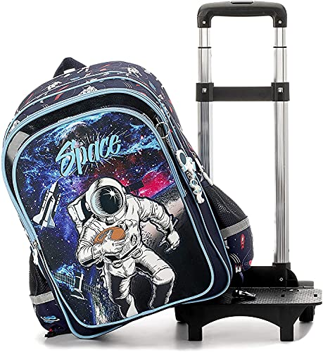 Egchescebo Kids Rolling School Backpack Bags for Boys School With Wheels Trolley Roller Wheeled 5PCS With Lunch Box Cute Astronaut Pattern Blue Backpacks Bags for Boys