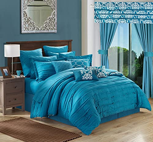Chic Home Hailee 24 Piece Comforter Complete Bed in a Bag Sheet Set and Window Treatment, Queen, Teal