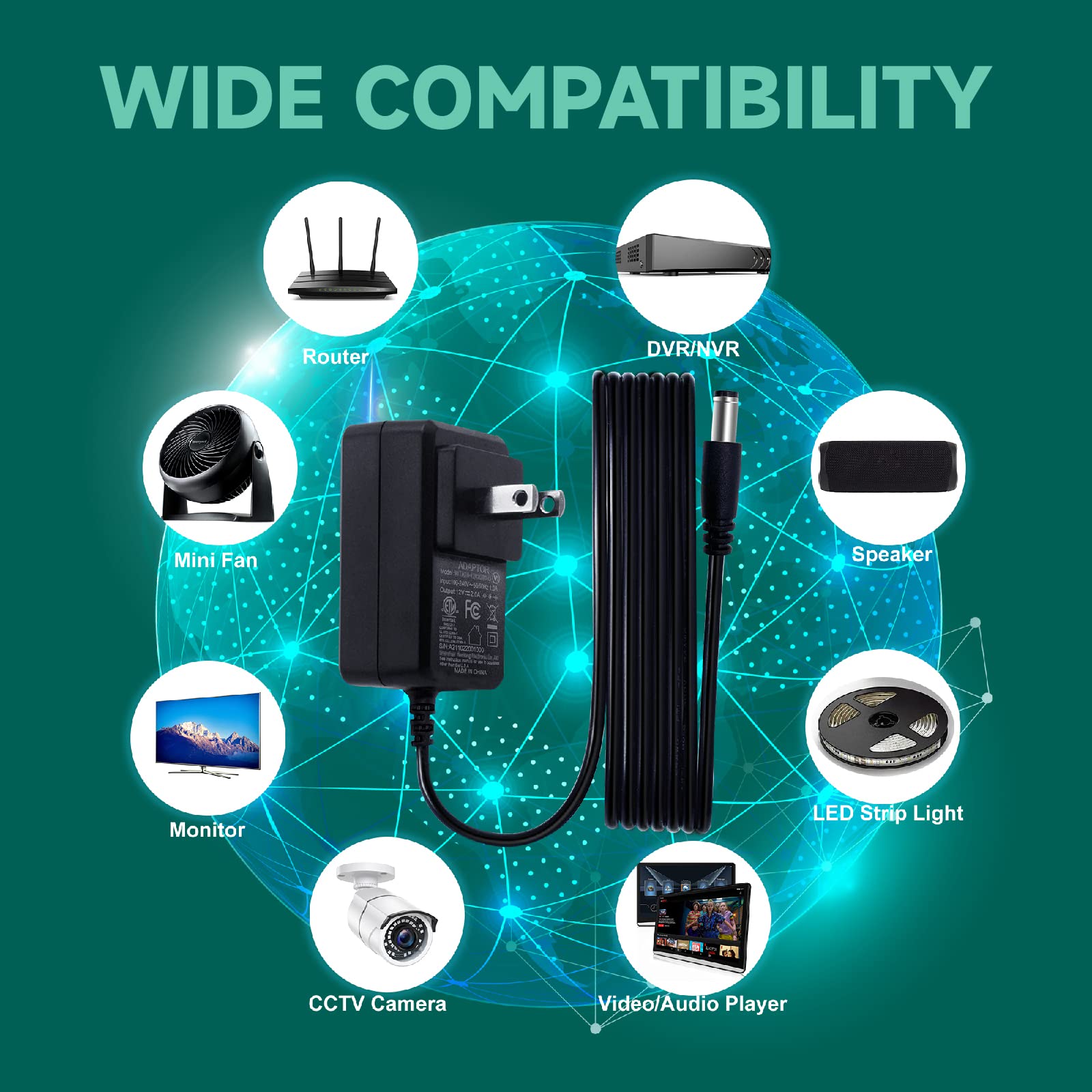 2Pack 12V 2A/2000mA DC Regulated Power Supply Adapter, 100-240V 50/60Hz AC to DC 24W Adapter with 3 Tips for LED Strip Lights, Keyboard, BT Speaker, Router, Monitor,Webcam,DVR,NVR, CCTV Camera, ETL