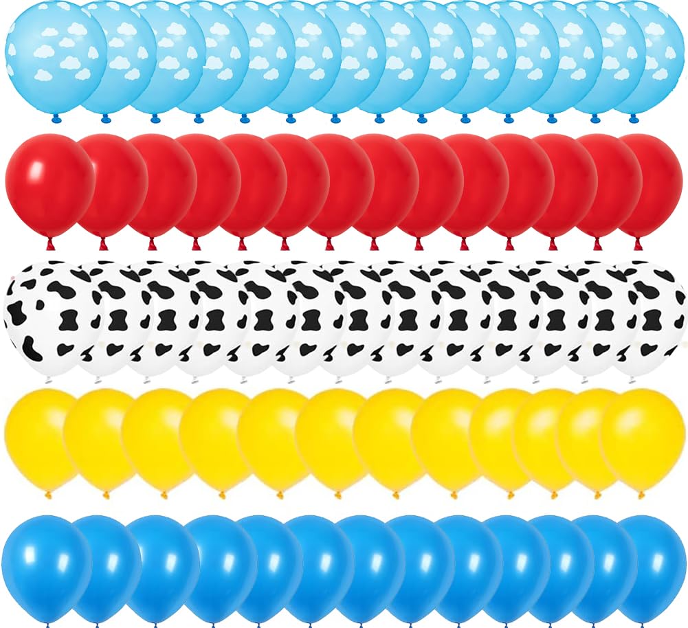 60Pcs 12inch Toy Inspired Story Balloons Kit Cow Pattern Cloud Yellow Red Blue Green Latex Balloons for Kids Toy Inspired Story Theme Birthday Party Supplies Decorations