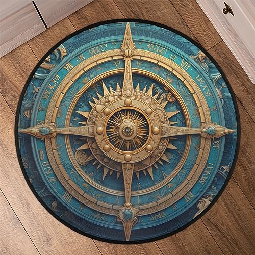 Blue Compass Rose Round Rug 5ft, Round Area Rug Ocean Nautical Non-Slip Circle Rug Indoor Floor Mat Carpet for Bedroom Living Room Kitchen Decor, 5' x 5' Round