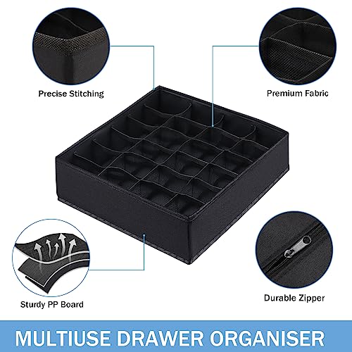 Boudar Foldable Storage Cubes Drawer Underwear Organizer Dividers, under Cabinet Organizer 24-Cell Fabric Storage Boxes for Lingerie,Socks,Ties (Black)