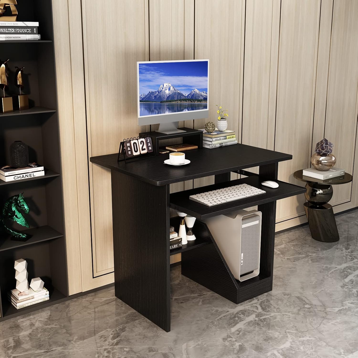 LERIJN 30Inch Small Computer Desk for Small Spaces, Computer Desk with Shelves and Keyboard Tray, Standing Compact Desk with Storage, Home Office Study Computer Desk with Monitor Stand, Black