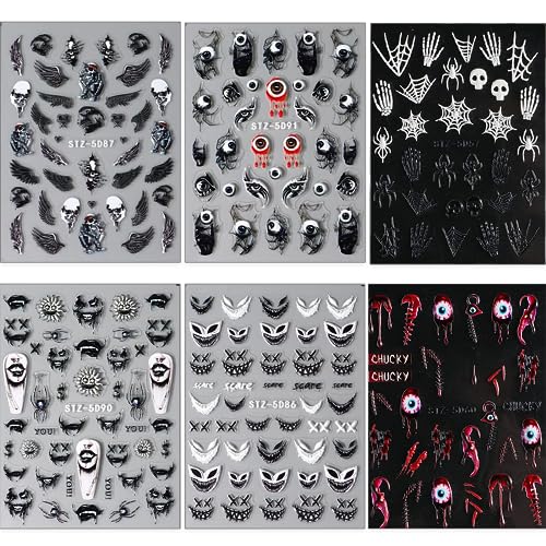 6 Sheets Halloween Nail Stickers 5D Stereo Relief Nail Decals for Acrylic Nail Art Gothic Evil Eyes Ghost Face Skeleton Pegatinas Uñas Self-Adhesive Nail Art Supplies Sky Wings Design Nail Accessories