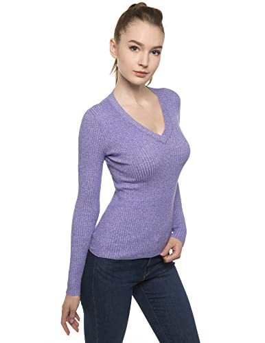 AmélieBoutik Women Cotton Blend V Neck Long Sleeve Ribbed Sweater (Heather Purple X-Large)