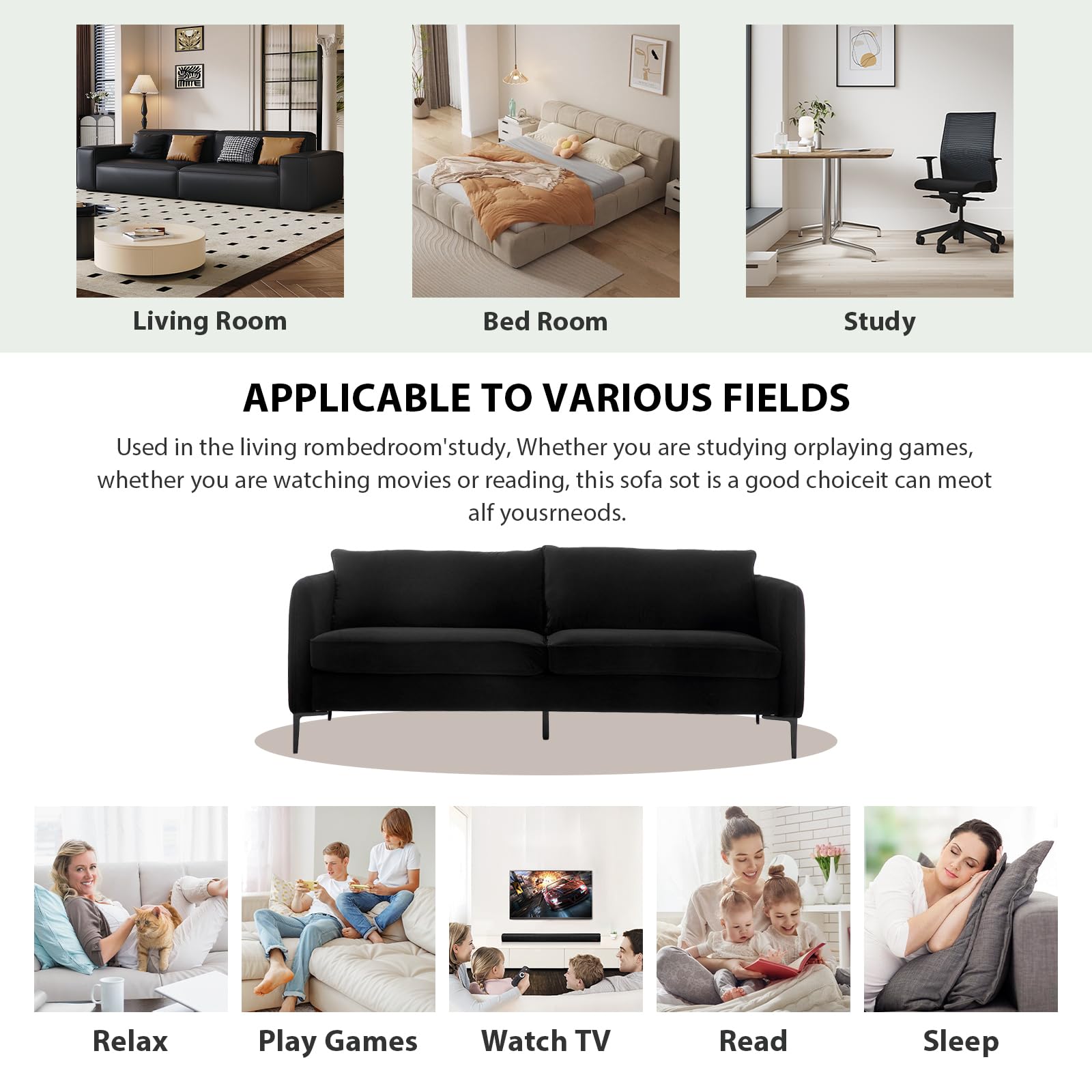85 Inch Velvet Sofa, Mid Century Modern Comfy Upholstered Sofa Couch with Metal Legs 3 Seater Sofa High-Density Foam and 6.3 Inch Extra Thick Cushion Couch for Living Room Apartment(Black)