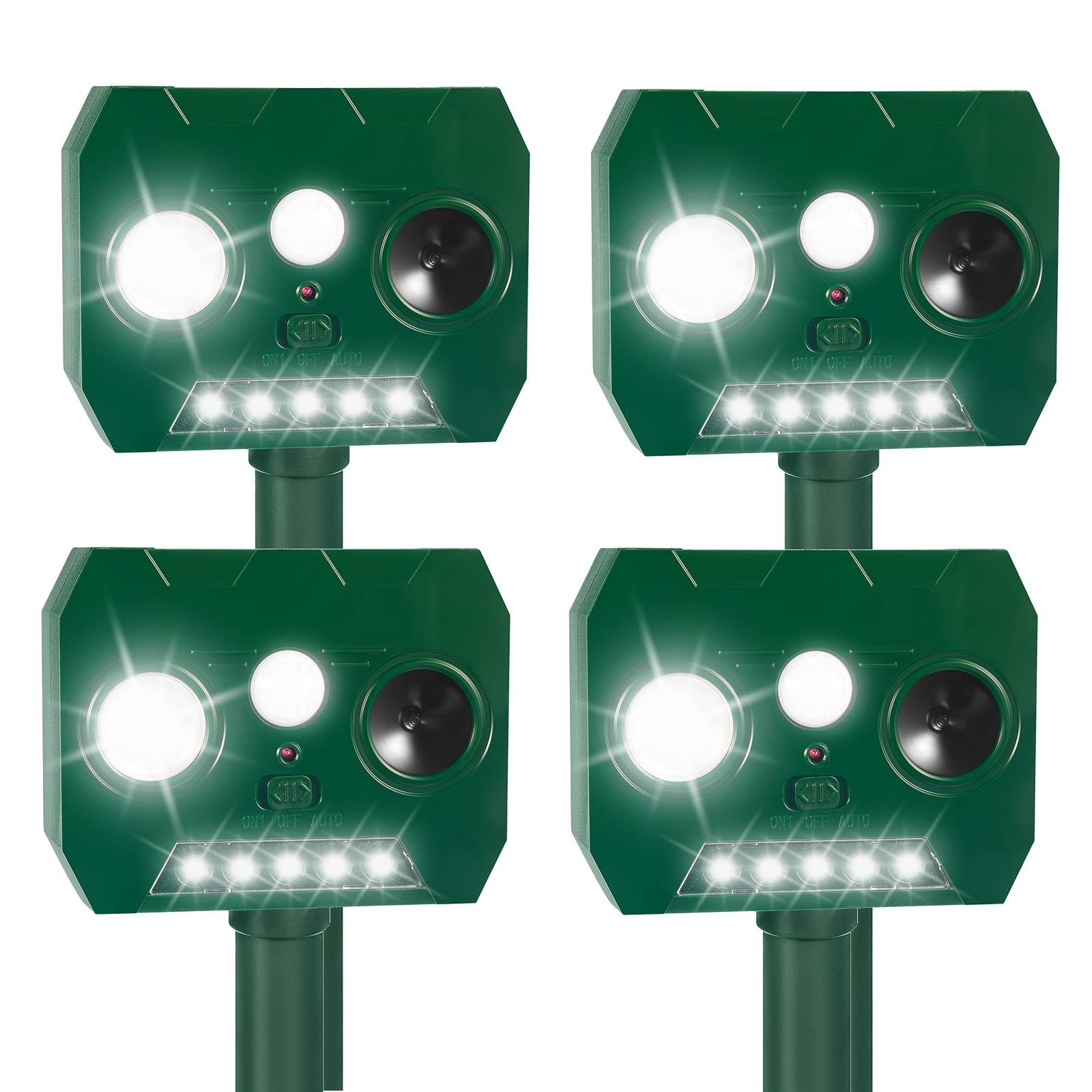 4 Pcs Solar Ultrasonic Animal Repellent Outdoor Waterproof Animal Deterrent Devices with Motion Sensor & 5 Strobe Lights & Explosive Flash Light & Speaker for Stray Cat Deer Dog Rabbit Raccoon Coyote