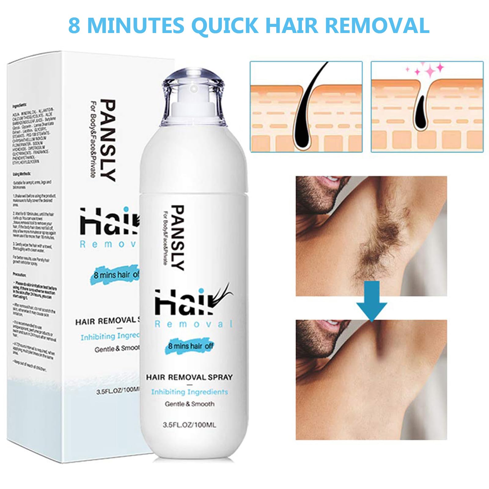 Non-Irritating Moisturizing Hair Removal Cream and Spray for Men and Women - For Legs, Hands, Arms, Underarms, and Bikini Areas (100ML)