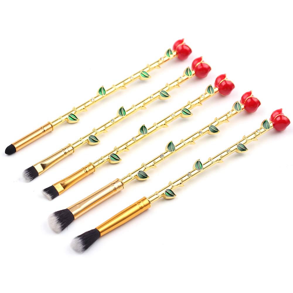 Rose Eye Makeup Brush Set - 5pcs Wand Makeup Brushes with Soft Synthetic Fiber and Metallic Handle for Eyebrow, Eyeshadow, Foundation, Blending and Lips, Great Gift for Sister Girlfriend, Gold