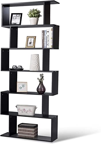 6 Tier Bookcase, S-Shaped White Bookshelf,Tall Bookcase Freestanding Display Shelf for Bedroom, Living Room, Home Office, Black