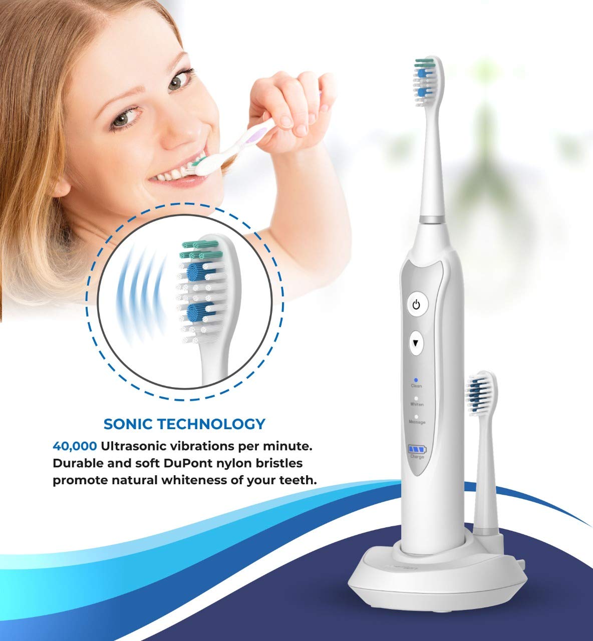 Sonic Electric Toothbrush for Adults with 5 Toothbrush Replacement Heads, 3 Brushing Modes & 2 Minutes Built-in Timer, Travel Toothbrushes with Inductive Charging, Rechargeable toothbrush | White