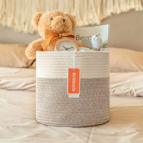 Kriitools Cotton Rope Storage Basket with Handles Set of 3,Small Laundry Basket Round Woven Storage Bins for Nursery,Kids&Pets Toys,Clothes Shelf Organizer|11x11x11”Cube Storage Bins(Brown,KT03WBR)