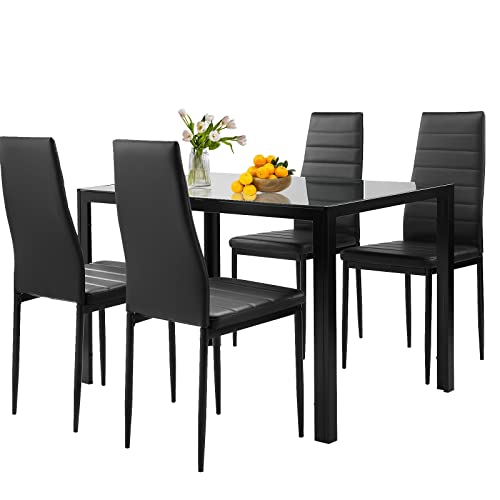 5-Piece Kitchen Table Set, Dining Table Set for 4 Dining Room Table Set for Small Spaces Modern Dinner Table Set with 4 Faux Leather Metal Frame Chairs