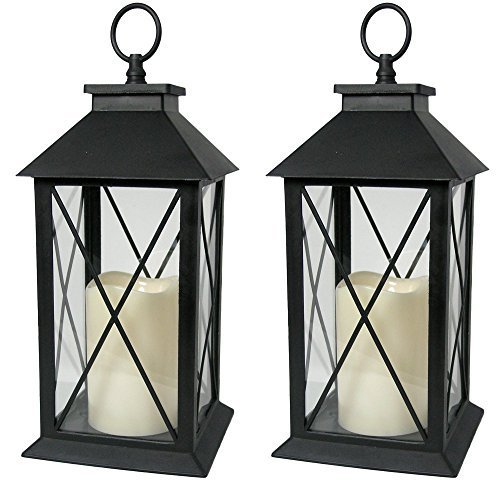 Black Decorative LED Lantern with Cross Bar Design - Pillar Candle with 5 Hour Timer Included - Hanging or Sitting Decoration - Set of 2 - 13"H