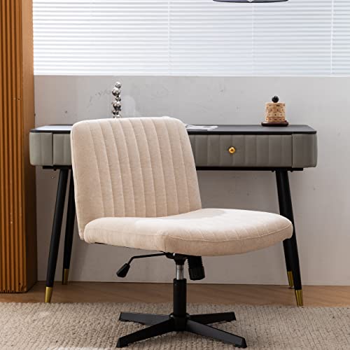 ESTRUCO Armless Wide Office Chair Fabric Padded Desk Chair No Wheels Task Vanity Chair Swivel Home Office Desk Chair 120°Rocking Mid Back Computer Chair for Make Up (Textile-Beige)